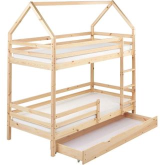 Beliani Hochbett Hellbraun Kiefernholz 90 x 200 cm f&uuml;r 2 Personen Modern Etagenbett mit Leiter 2 Schubladen und Lattenrost Hausbett Schlafzimmer