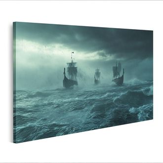 Islandburner Leinwandbild Wikinger Schiffe im Sturm Meer episch dramatisch d&uuml;ster Szene - Leinwand 80x40cm
