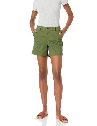 Amazon Essentials Damen-Shorts mit mittelhoher Taille, schmale Passform, 12,7 cm Schrittlänge, Khaki (erhältlich in geraden und kurvigen Passformen), Olivgrün, Größe 10