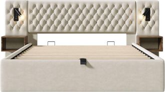 Liberte Lit coffre,lit double,lit adulte 160x200 avec lumi&egrave;re et fonction de chargement USB, lit capitonn&eacute; - velours,Beige