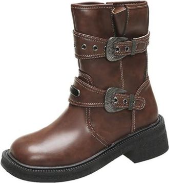 Generic Bottes de motard mi-mollet &agrave; bout carr&eacute; pour femme - Bottes de moto en similicuir avec sangles &agrave; double boucle, fermeture &eacute;clair lat&eacute;rale pour un enfi