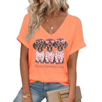 Generic T-shirt de Saint-Valentin pour femme | Coeur de chien, T-shirt &agrave; manches courtes et col en V | V&ecirc;tements tendance | Pour les voyages et les loisirs, O