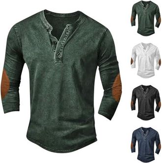 Generic Henley Chemises vintage à 3 boutons pour homme - Col rond - Manches longues - Protection des genoux - Hauts surdimensionnés - Coupe ample - Léger - Re