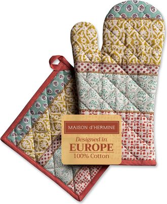 Maison d'Hermine Ofenhandschuh + Topflappen aus 100% Baumwolle, hitzebeständiger Ostern Ofenhandschuh(19cm x 33cm) & Topflappen(20cm x 20cm) für Koch, Mikrowelle, Prov