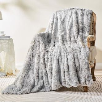 Emme Fausse Fourrure Couverture Moelleuse, 130 x 150cm Tie Dye Gris Clair, Super Douce, Pelucheuse, &Eacute;paisse et &Eacute;l&eacute;gante, Couverture Shaggy &agrave; Longs Poils, C