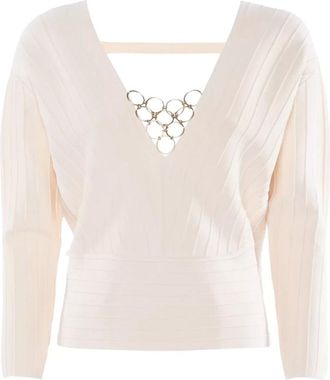 Nenette Femme, Pulls, Beige, Taille: 38 FR Maglia a costine elemento decorativo metallico a catena