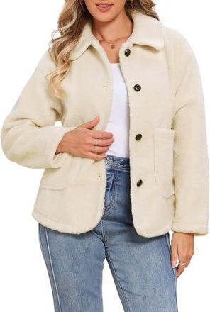 Allegra K Veste en Polaire Femme Manteau Court en Fausse Fourrure &agrave; Col Claudine Blouson Court en Peluche DHiver Chaud Et Duveteux Beige XL