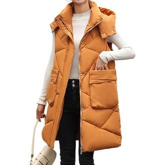 Generic Gilet sans manches long matelass&eacute; &agrave; fermeture &eacute;clair pour femme, avec poches, couleur caramel, taille moyenne