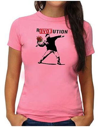 OM3 Love Stencil Banksy T-shirt pour femme R-Love-UTION Urban Street Art Révolution Taille S XXL, Rose ( 1404), L