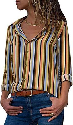 ORANDESIGNE Chemisier Femme Blouse Rayures Verticales Chemise Manche Longue Tunique Haut Lâche Top Fluide Chic Col en V Chemisiers D Jaune XXL