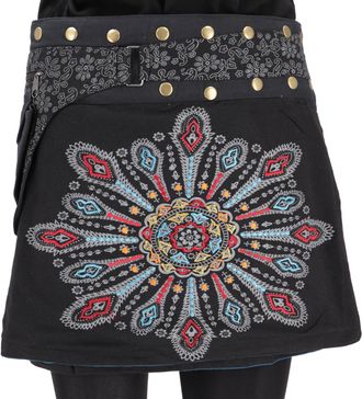 Guru Shop Wickelrock, Bestickter Kurzer Goa Rock, Cacheur - Schwarz/grau, Damen, Baumwolle