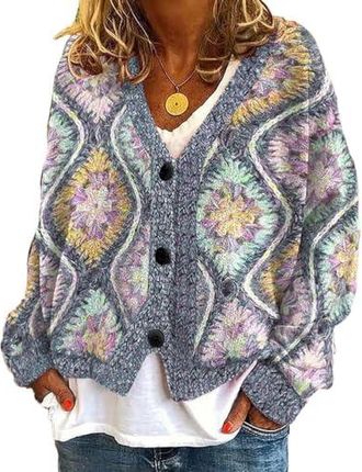 Onsoyours Gilets en Tricot Imprimé Femme Veste Courte Casual Cardigan Coupe Ample À Manches Longues Gilet Chaud avec Boutons Sweater Manteau Outwear Haut Top Ch