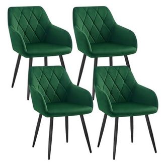 Woltu Chaises Salle à Manger Lot de 4, Chaise de Cuisine en Velours, Assise Rembourrée avec Accoudoirs et Dossier, Pieds en Métal, Vert Foncé, BH352dgn-4