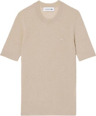 Lacoste Femme, Pulls, Beige, Taille: 42 FR Pull en maille c&ocirc;tel&eacute;e &agrave; manches courtes en laine m&eacute;rinos