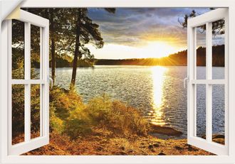Artland ARTland Wanddeko Wandtattoo selbstklebende Vinylfolie 130x90 cm Fensterblick Fenster Landschaft Natur Wald See Sonnenuntergang Wolken K2RH