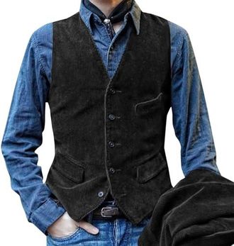 Generic Gilet daffaires en velours c&ocirc;tel&eacute; pour homme avec poches, style d&eacute;contract&eacute;, classique, vintage, col en V, pour mariage, f&ecirc;te, d&icirc;ner, Gilets noirs pou