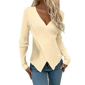 Generic Pull &agrave; manches longues et col en V pour femme - Couleur unie, beige, XL