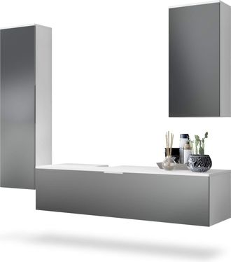 Vladon Badmöbel Komplettset Beach, Made in Germany, Korpus in Weiß matt/Fronten in Graphit seidenmatt