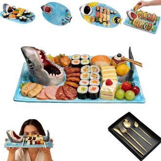 Generic Hai-Charcuterie-Brett, 3-in-1-Hai-Sushi-Teller Mit Dip-Sauce-Schale, Lustiger Handgefertigter Keramik-Hai-Taco-Halter, Hitzebest&auml;ndig Bis 1300 &deg;C, Mik