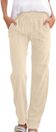 Generic Pantalon en coton et lin pour femme - Jambe large - Pantalon de plage d&eacute;t&eacute; pour femme - Confortable - Pantalon de yoga Palazzo XIYU26065, beige, XXL