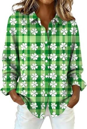 Generic Chemisiers en satin Lucky Clover pour femme - Haut de la Saint-Patrick &agrave; manches longues - Col en V - Style d&eacute;contract&eacute; - Pour le bureau, caf&eacute;, XXL