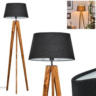 HOFSTEIN Stehleuchte Bassagoda, Stehlampe aus Holz/Metall/Stoff in Naturfarben/Schwarz/Weiß, Leuchte im skandinavischen Design mit rundem Schirm (Ø 45 cm) u. F