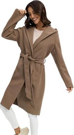 Marikoo N046 Manteau mi-saison pour femme (XS-3XL) - &Eacute;l&eacute;gant manteau enveloppant, avec ceinture, capuche surdimensionn&eacute;e, veste chaude pour femme, Taupe fonc&eacute;