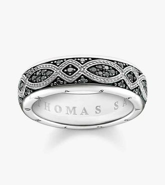 Thomas Sabo Bague &eacute;paisse &agrave; motifs - Argent&eacute; et noir