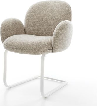 DELIFE Freischwinger Nube-Flex mit Armlehnen Webstoff Soft Beige Freischwinger flach Wei&szlig; Taschenfederkern, Esszimmerst&uuml;hle