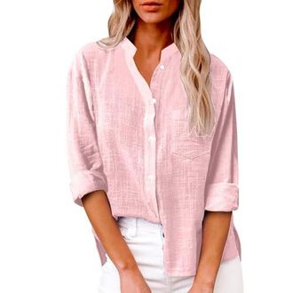 Generic Chemise en lin pour femme - Style d&eacute;contract&eacute; - Col montant - Manches longues - Pour le travail de bureau - Tunique basique, Rouge, M