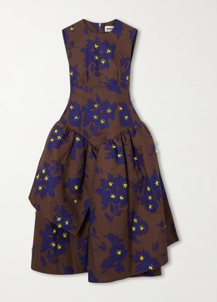 Shushu/Tong Asymmetrisches Kleid Aus Bedrucktem Taft Mit Verzierungen Und Raffungen - Braun