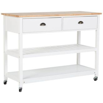 Beliani Desserte sur Roulette avec 2 Tiroirs Plateau Supp&eacute;rieur en Bois de Pin et Structure en mdf Blanc ainsi que 2 Plateaux Inf&eacute;rieurs Beliani
