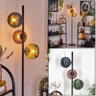 HOFSTEIN Stehleuchte Koyoto, Stehlampe aus Metall/Riffelglas in Schwarz/Gr&uuml;n/Blau/Kupfer, Leuchte im Retro/Vintage-Design mit Glasschirmen (&Oslash; 15cm) u. Fu&szlig;schal