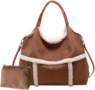 Generic Sac fourre-tout en daim avec doublure en fausse laine dagneau, sac &agrave; bandouli&egrave;re vintage de grande capacit&eacute; pour le travail et les voyages, marron, 24