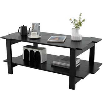 Costway Costway - Table Basse &agrave; 2 Niveaux Rectangulaire dAccent, en Bois &agrave; Lattes avec &Eacute;tag&egrave;re de Rangement, pour Salon, Charge 120kg, 115 x 59 x 46CM,Marron