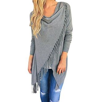 Chic Cardigan Pull Pull-Over Manteau Gilet Tricot Femme Longues Manches Uni Simple Froufrou Casual (FR36-38, Gris)