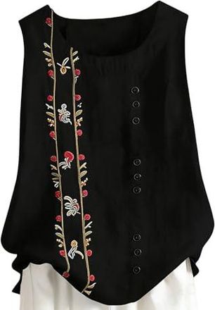 Generic Haut sans manches brod&eacute; boutonn&eacute; sur le devant pour femme - Coupe ample - L&eacute;ger - Pour le quotidien, les vacances, les voyages, Noir, 4XL