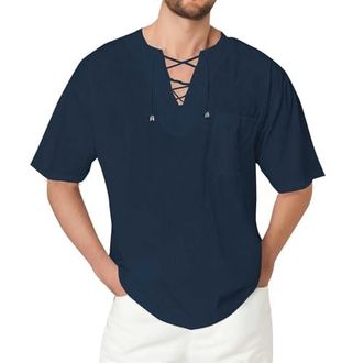 Generic Chemise dentra&icirc;nement en coton et lin pour homme - Chemise d&eacute;contract&eacute;e &agrave; manches courtes - Tunique respirante, bleu marine, XXL