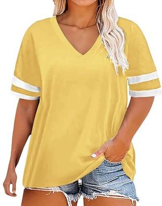 Generic Chemisier uni à manches courtes pour femme - Col en V - Manches courtes - Rayures - Patchwork - Couleur unie - Pour la vie quotidienne - Cadeau de Noë