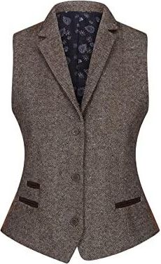 TruClothing Gilet Veston pour Femme en Tweed à Chevrons et Carreaux Laine mélangée Style Chic Tendance Vintage années 20 - Marron Clair 40