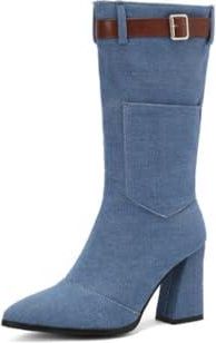 Generic Bottes Mi-Mollet en Denim pour Femmes avec Décor De Boucle Talons Carrés Mi-Épais Bout Pointu Fermeture Éclair Latérale Chaussures De Fête Décontracté