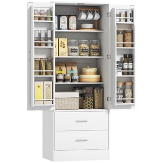 HOMCOM Buffet haut cuisine, armoire de cuisine, vaisselier, 2 portes, 4 compartiments, 8 porte-&eacute;pices, 2 tiroirs, &eacute;tag&egrave;res r&eacute;glables, meuble de rangement pou