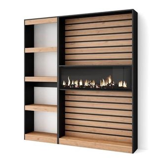 Skraut Home | Bücherregal Bibliothek | Bookshelf, Bookcase | 170x186x25cm | Wohnzimmer, Esszimmer, Büro | Elektrokamin. Maße | Moderner Stil | Weiß und Schwarz