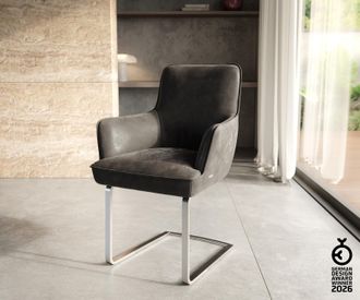 DELIFE Freischwinger Heira-Flex mit Armlehnen Mikrofaser Anthrazit Vintage Freischwinger flach Edelstahl Taschenfederkern, Esszimmerst&uuml;hle