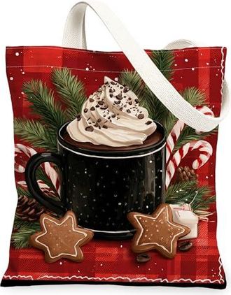 Generic Sacs fourre-tout en toile de No&euml;l, motif boissons de vacances, sacs d&eacute;picerie r&eacute;utilisables, festifs, vintage, l&eacute;gers et lavables, Rouge, 13x15 Inch