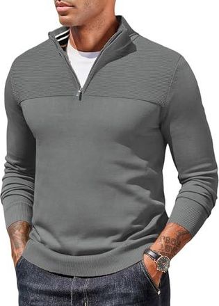 Coofandy Pull en Tricot pour Homme 1/4 Zip Pull dhiver Pulls à Manches Longues Décontractés Pullover Sweater Gris XXL