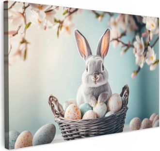 MuchoWow &copy; Bilder Gro&szlig; 120x80 cm XXL Wohnzimmer Deko Modern Wandbild Kunstdruck auf Leinwand Bild Schlafzimmer &uuml;ber Bett Room Decor Geschenke Hase - Eier - Kor