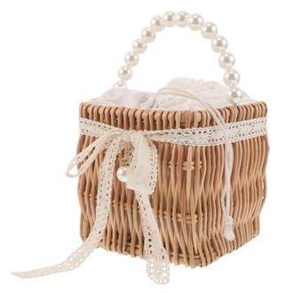 Supvox Paquet en Rotin Tressé à la Main pour Femme - Paquet à Main Panier avec Poignée Supérieure Bandoulière Chaîne en Fausses Perles Noeud Décoratif Léger 