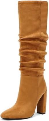 Generic Bottes Femme Lâches Mi-Genou Talon Carré Bout Rond Daim Ballerines Semelle Coussinée Soirée Fête Bal Décontracté Élégantes Durables,Marron,38.5 EU