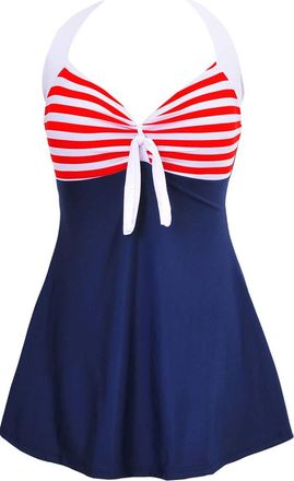 Ocean Plus Damen Sommer Retro Vintage Neckholder Sternchen Punkte Badekleid mit Rock Streifen Badeanzug mit Shorts Bademode Gro&szlig;e Gr&ouml;&szlig;en Beachwear (4XL (EU 44-46